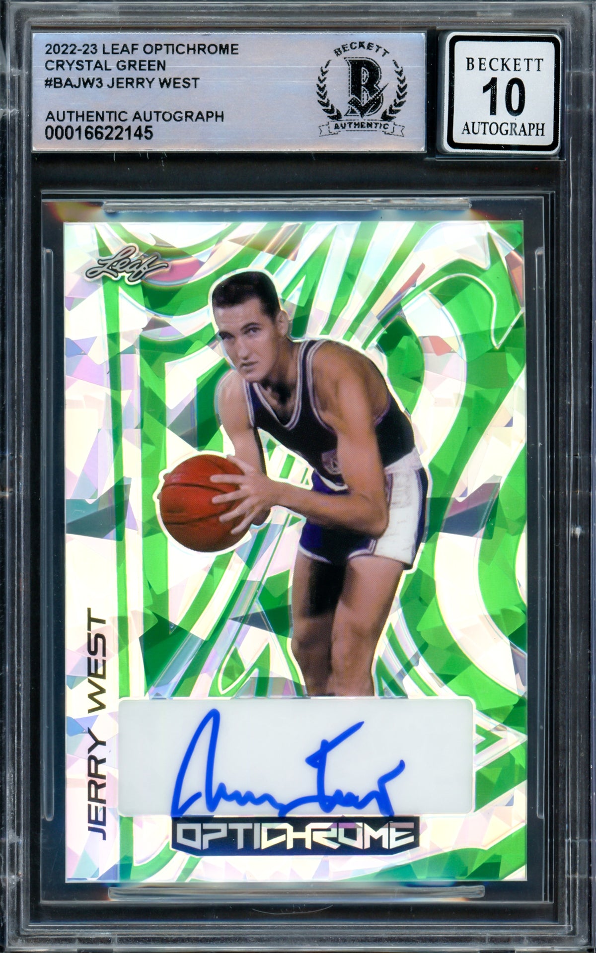Jerry West Autographed 2022-23 Leaf Optichrome Crystal Green Card #BAJ ...