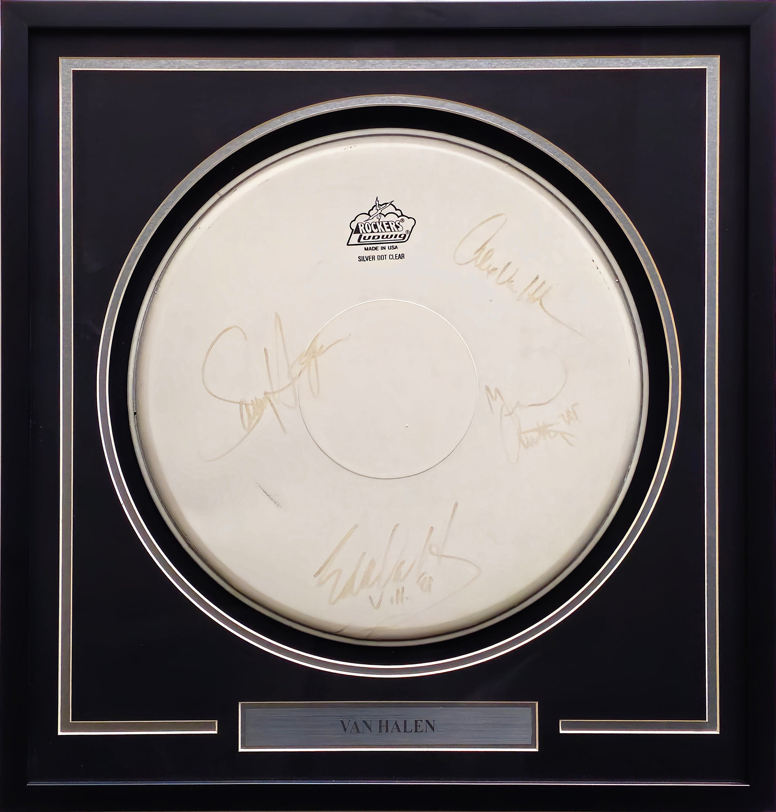 Van Halen Autographed Framed 14x14 Drumhead With 4 Signatures Includin — RSA