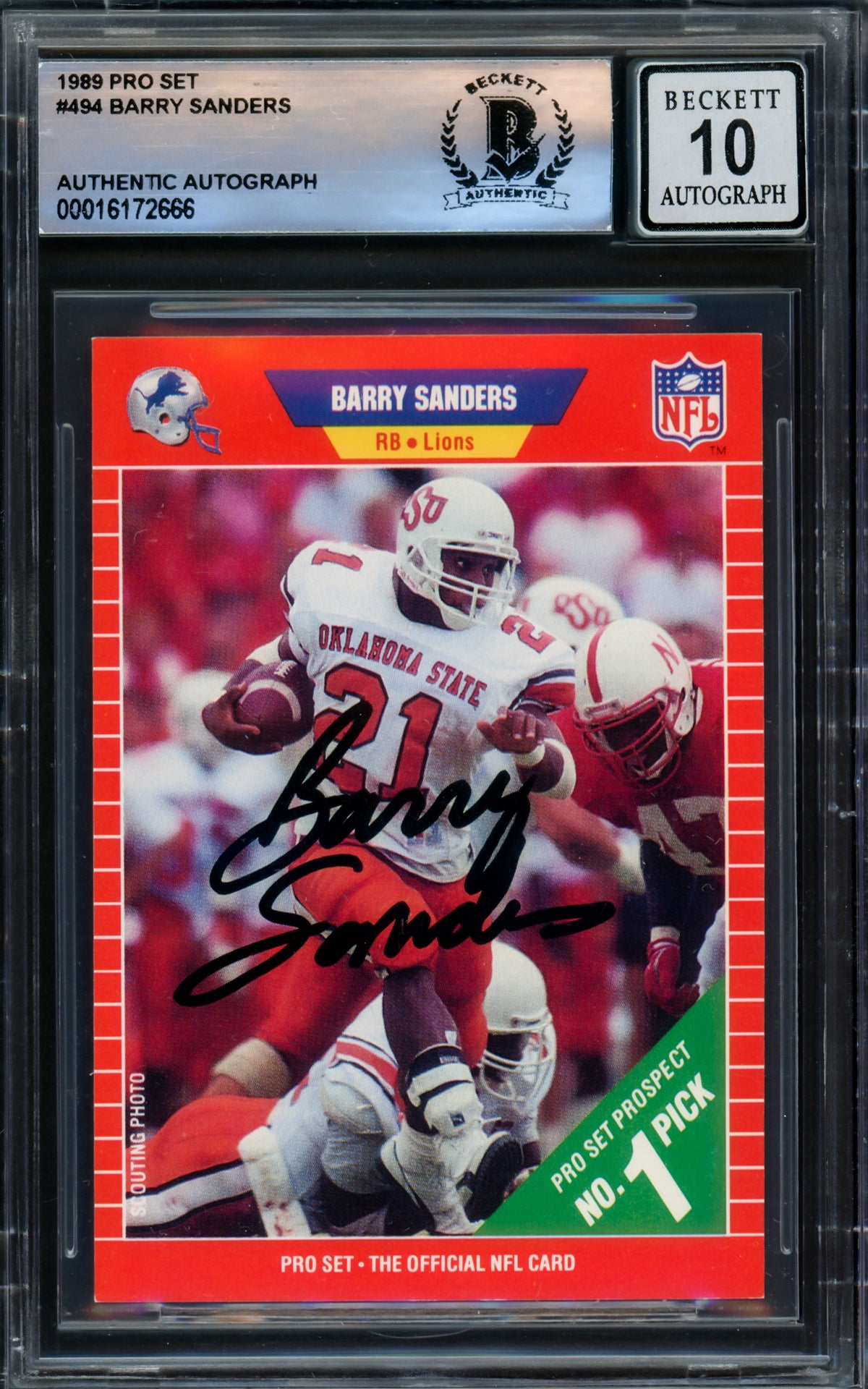 Barry Sanders Autographed 1989 Pro Set Rookie Card #494 Detroit Lions — RSA
