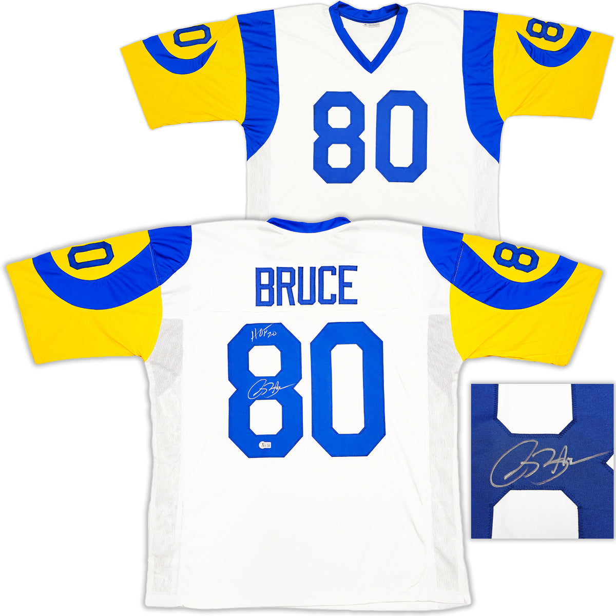 St. Louis Rams Isaac Bruce Autographed White Jersey "HOF 20" Beckett B ...