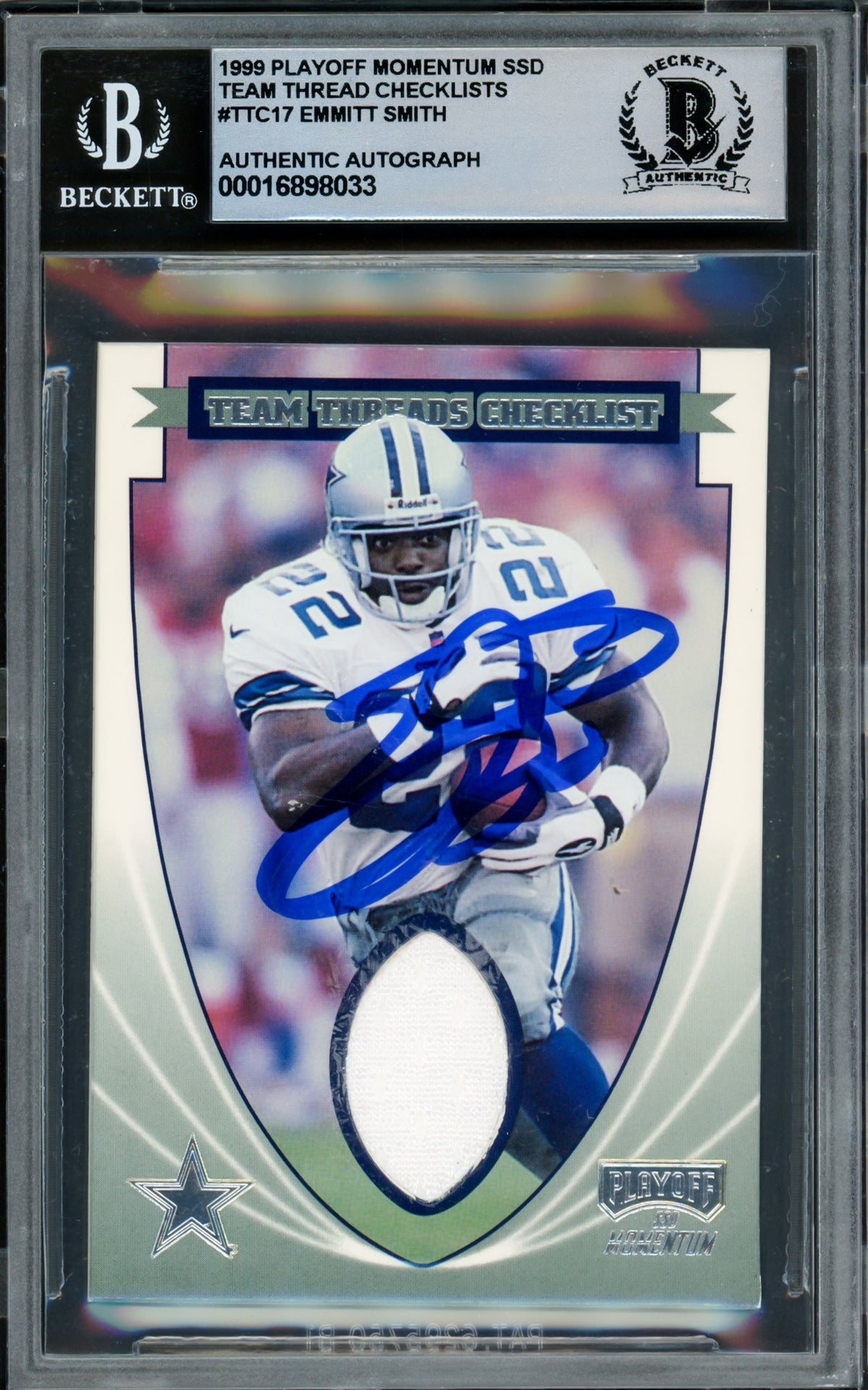 Emmitt Smith Autographed 1999 Playoff Momentum Team Threads Card #TTC1 ...