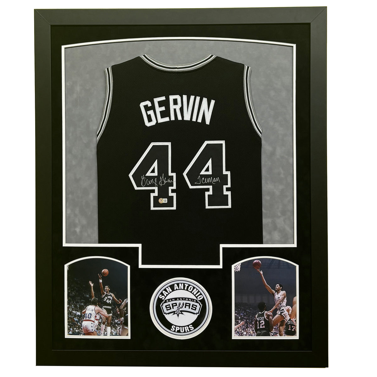 George Gervin Signed Iceman San Antonio Black Custom Suede Matte Frame ...