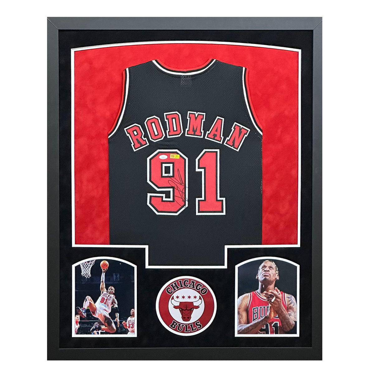 Dennis Rodman Signed Chicago Black Custom Suede Framed basketball Jers ...