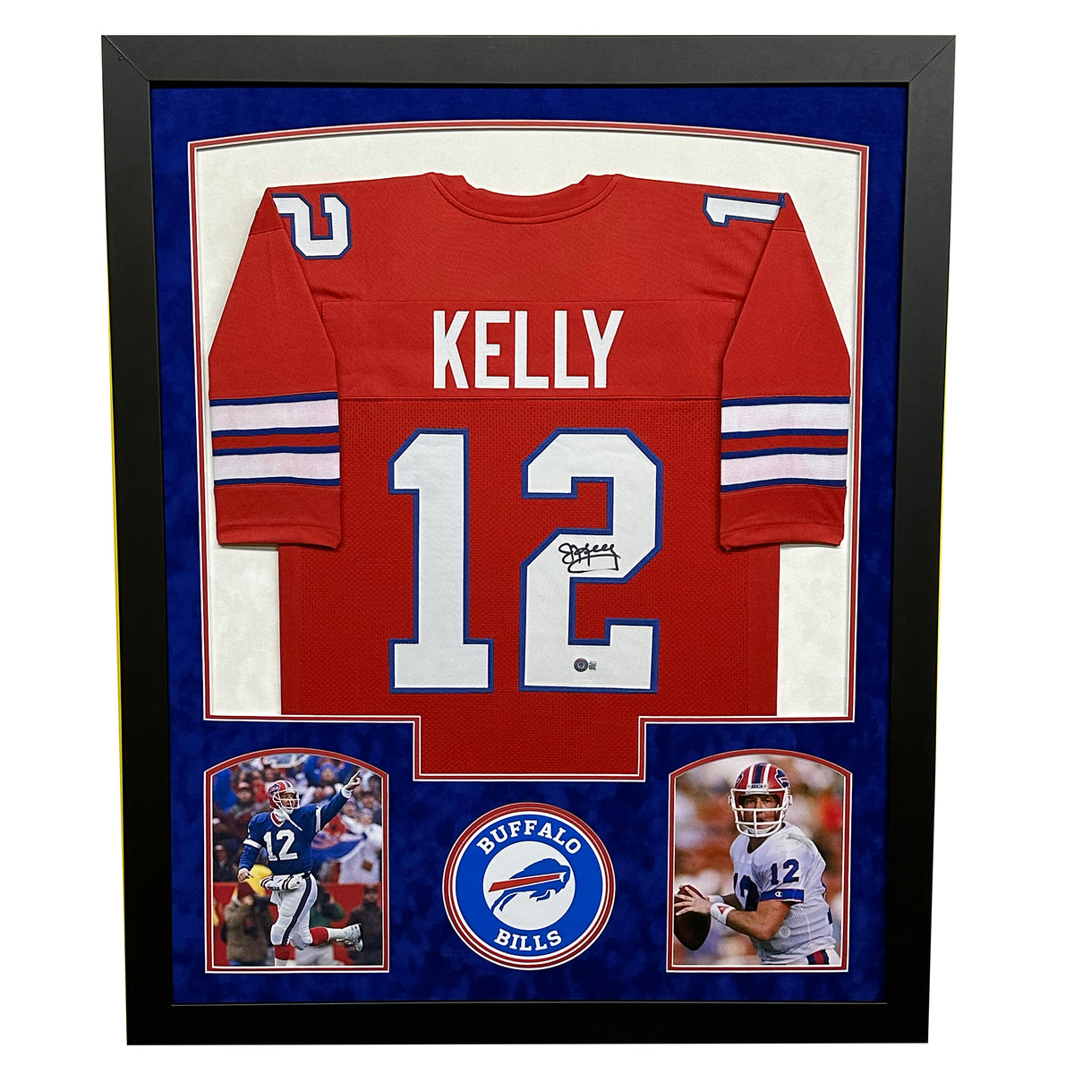 Jim Kelly Signed Red Custom Suede Matte Framed Football Jersey — RSA
