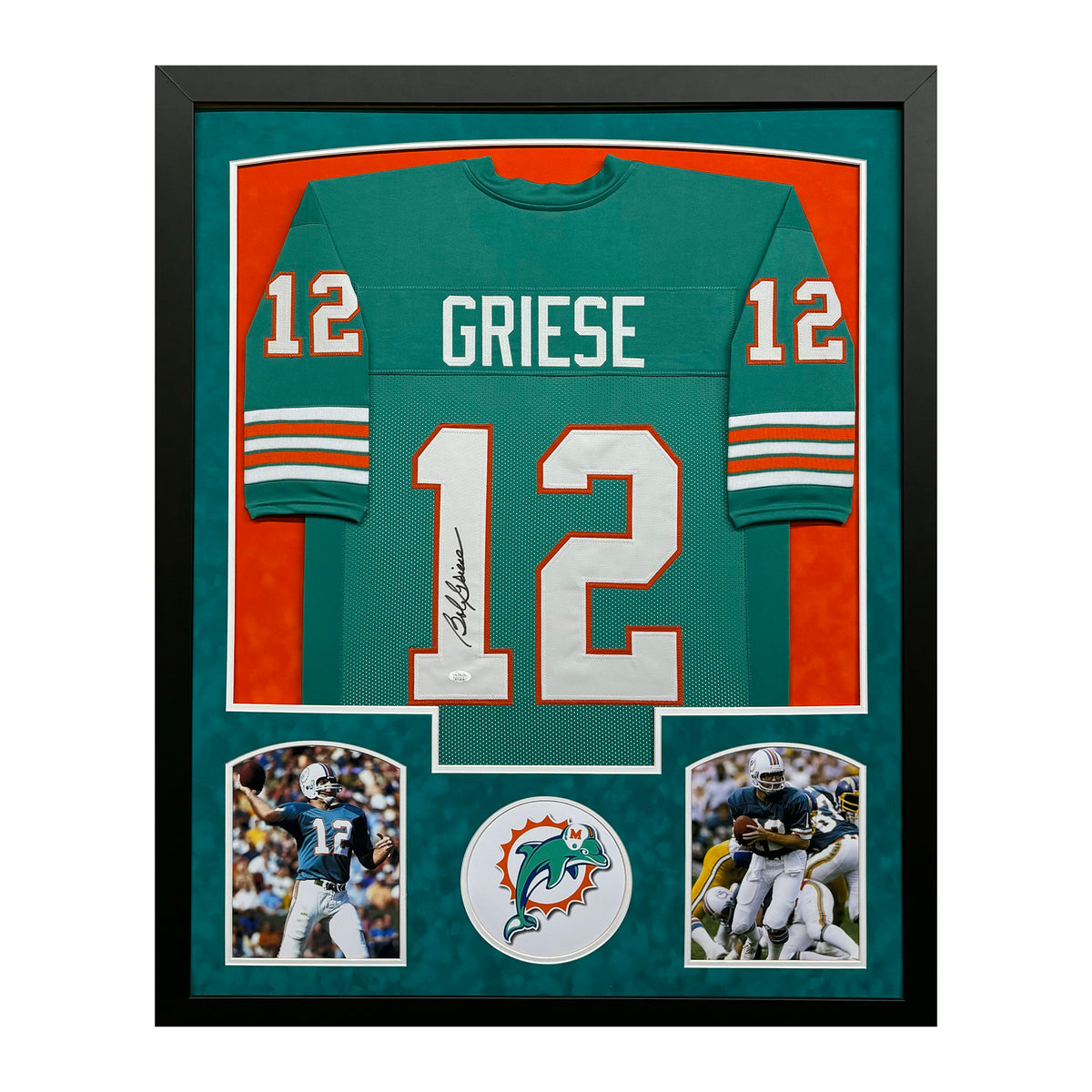 Bob Griese Signed Miami Teal Custom Suede Matte Framed Football Jersey ...