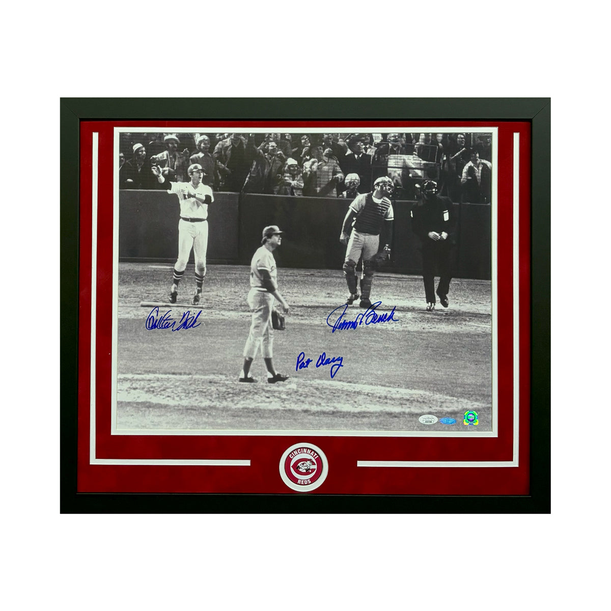 Johnny Bench, Carlton Fisk and Pat Darcy Hand Signed & Framed 16x20 Ba ...