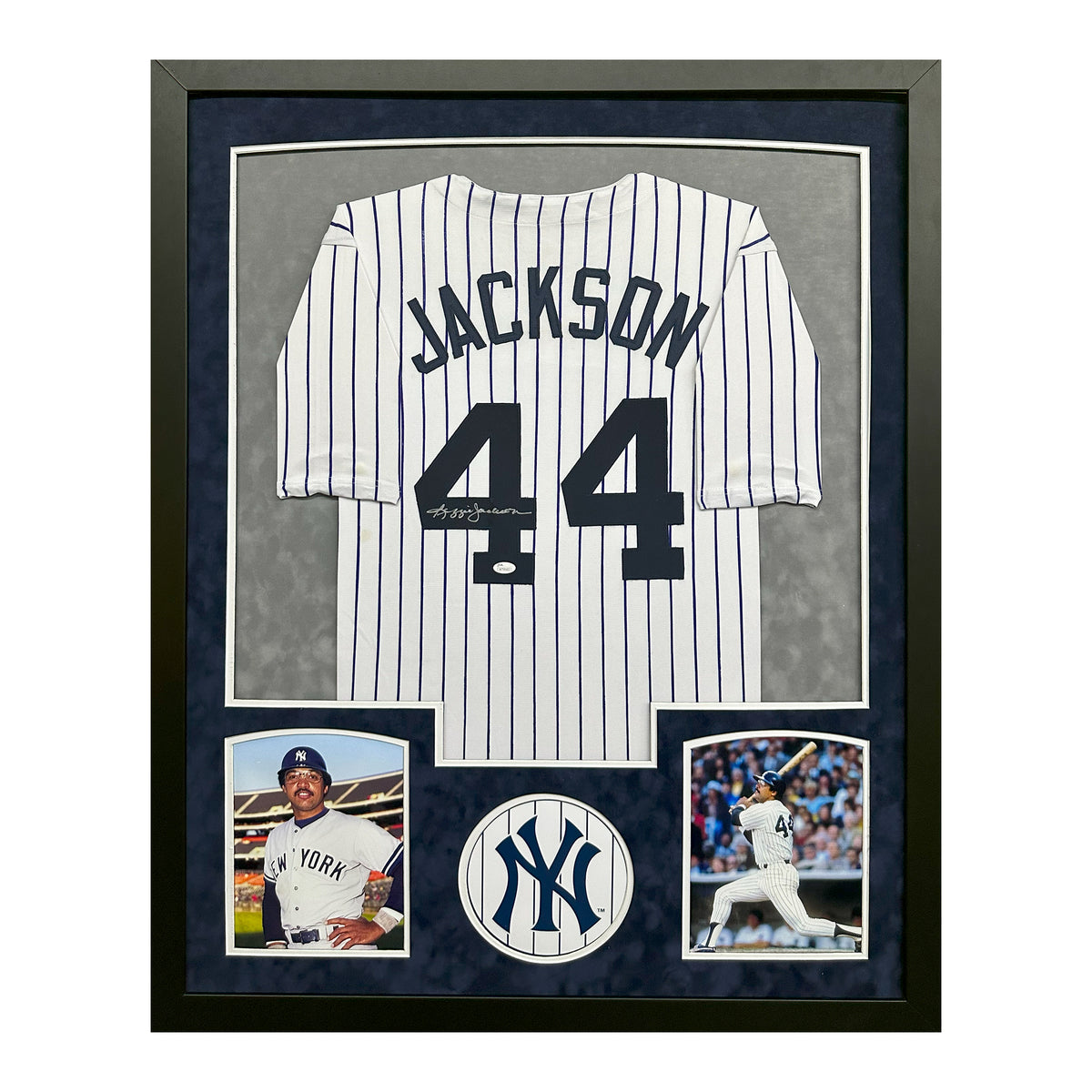 Reggie Jackson Signed New York Pinstripe Custom Suede Matte Framed Bas ...