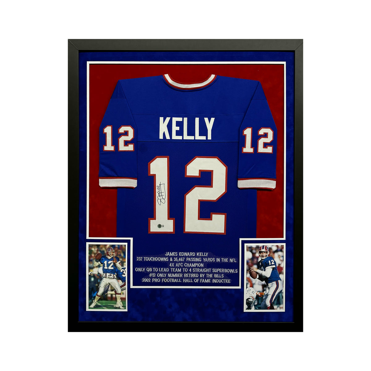 Jim Kelly Signed Buffalo Blue Stat Custom Suede Matte Framed Football — RSA