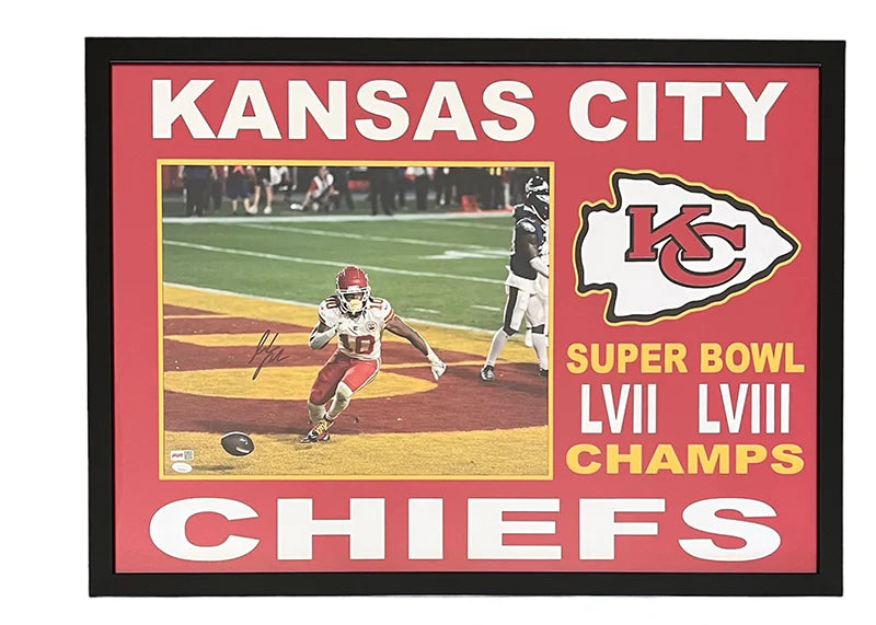 Isiah Pacheco Signed Kansas City Framed Football 28x38 Photo (JSA) — RSA