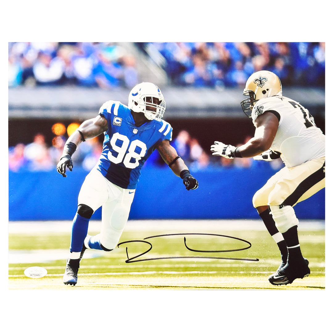 Robert Mathis Signed Indianapolis Colts Football 11x14 Photo (JSA) — RSA