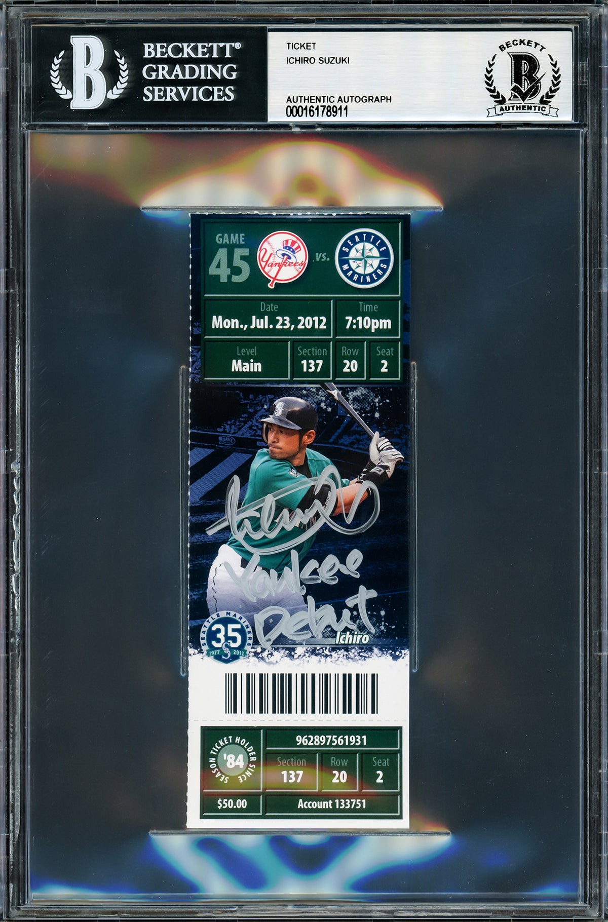 Ichiro Suzuki Autographed July 23rd, 2012 Full Stadium Game Ticket New ...