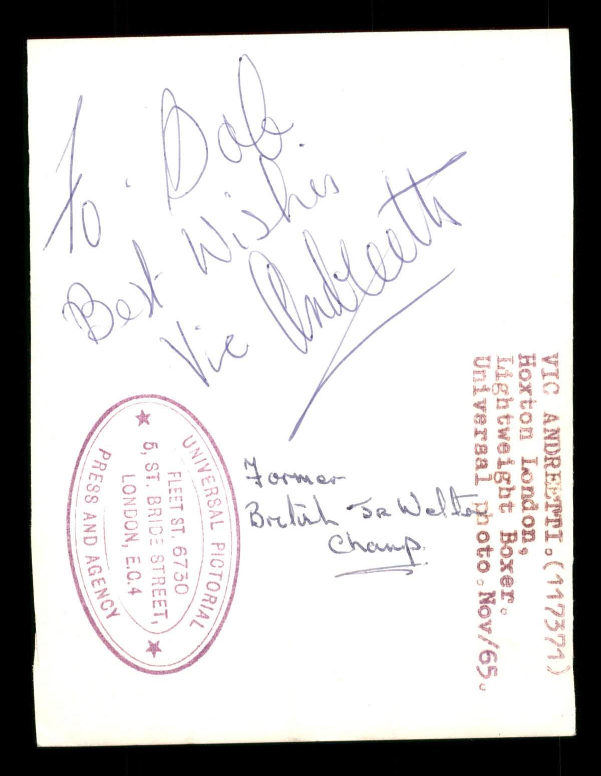 Vic Andretti Autographed 4x5 Photo Boxer "To Bob" SKU #186884 — RSA