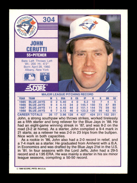 John Cerutti Autographed 1989 Score Card #304 Toronto Blue Jays SKU #1 ...