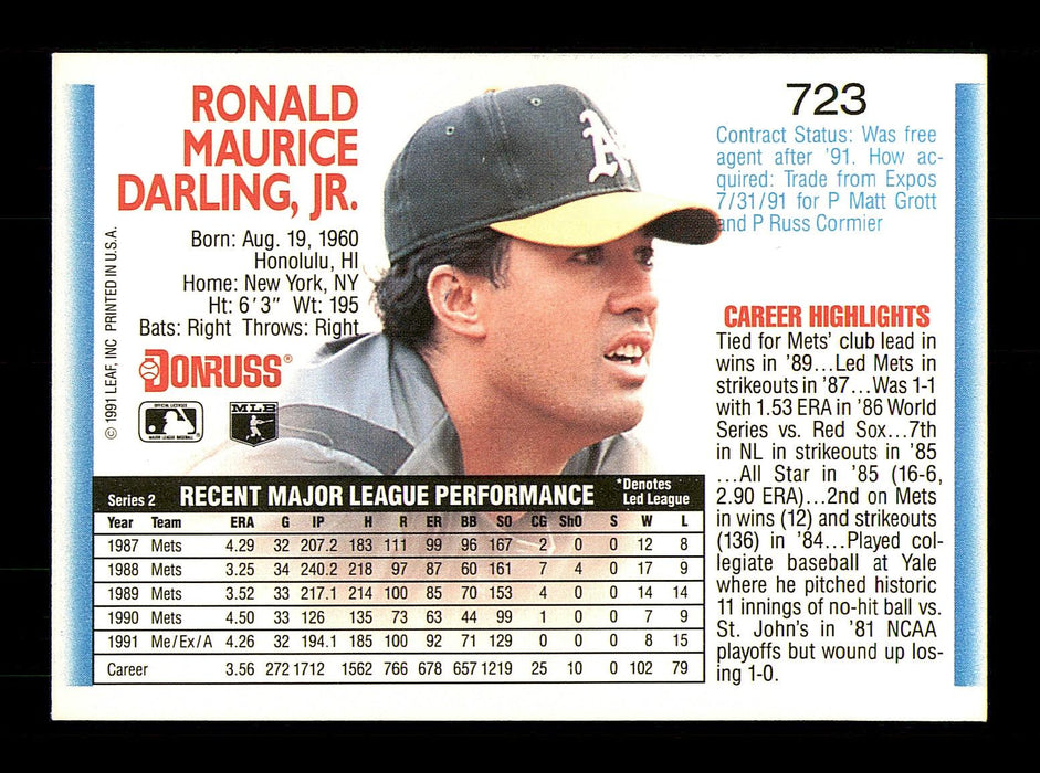 Ron Darling Autographed 1992 Donruss Card #723 Oakland A's SKU #184582 ...