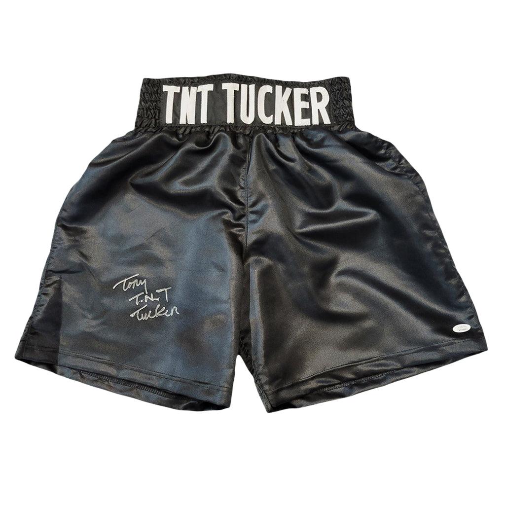 Tony Tucker Signed "TNT" Black Boxing Trunks (JSA) — RSA